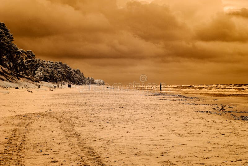 Sea Beach with Dramatic Clouds. Infrared Image Stock Photo - Image of ...