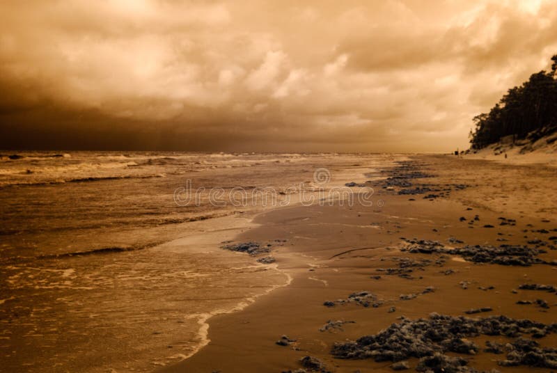 Sea Beach with Dramatic Clouds. Infrared Image Stock Image - Image of ...