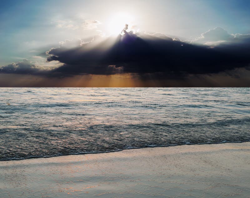 Sea and Beach Storm with Sun Ray Stock Photo - Image of reflection ...