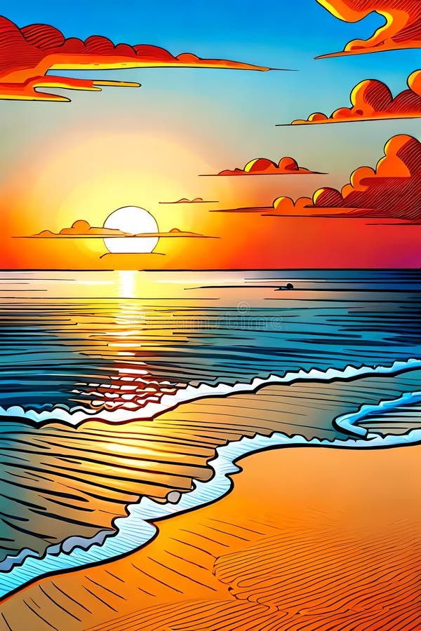 Beautiful Seascape Sunset Illustration Cartoon Style Stock Photos ...