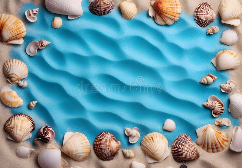 Seashell Border on Blue Sand Background Stock Illustration ...