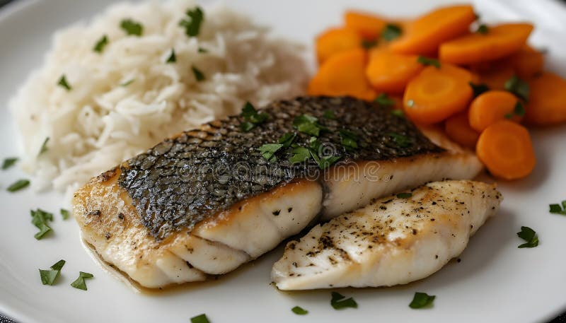 Sea Bream Fillets with Steamed Carrots and Basmati Rice Stock Photo ...