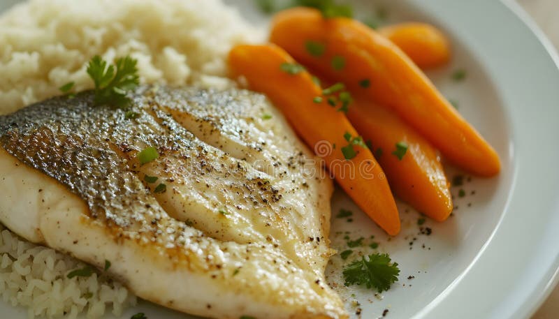 Sea Bream Fillets with Steamed Carrots and Basmati Rice Stock Photo ...