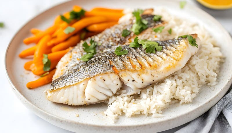 Sea Bream Fillets with Steamed Carrots and Basmati Rice Stock Image ...