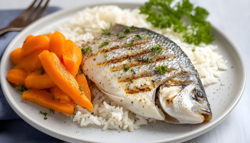 Sea Bream Fillets with Steamed Carrots and Basmati Rice Stock Photo ...