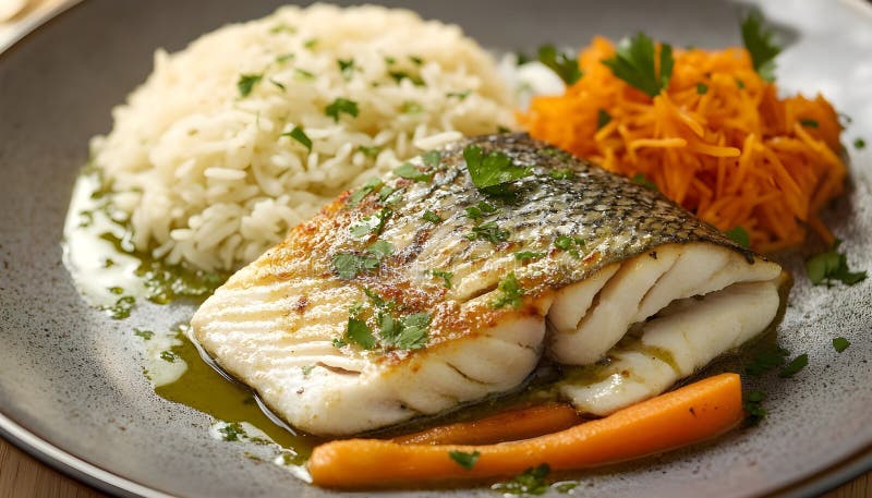 Sea Bream Fillets with Steamed Carrots and Basmati Rice Stock Photo ...