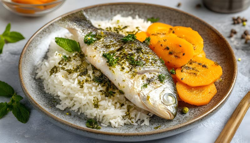 Sea Bream Fillets with Steamed Carrots and Basmati Rice Stock Image ...