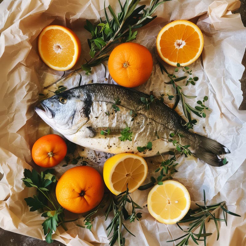 Sea Bream with Lemon, Oranges and Herbs Stock Illustration ...