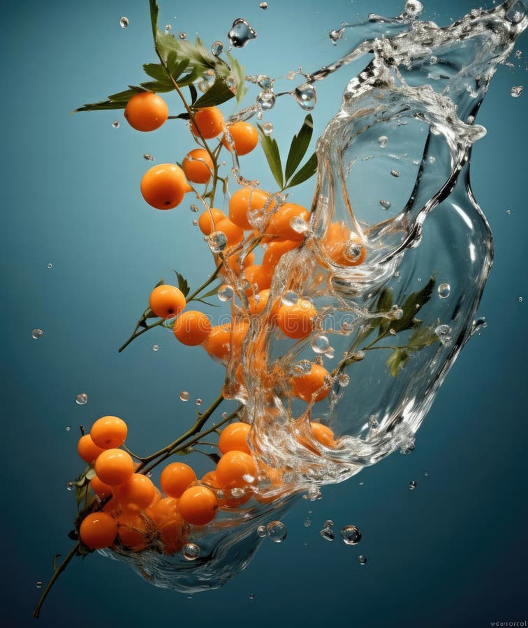 Sea Buckthorn Berries Falling into the Water, Splashing Stock Photo ...