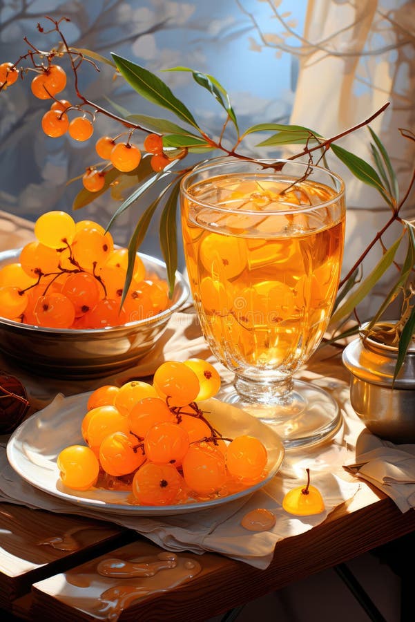 Sea Buckthorn Tea and Fresh Berries Stock Illustration - Illustration ...