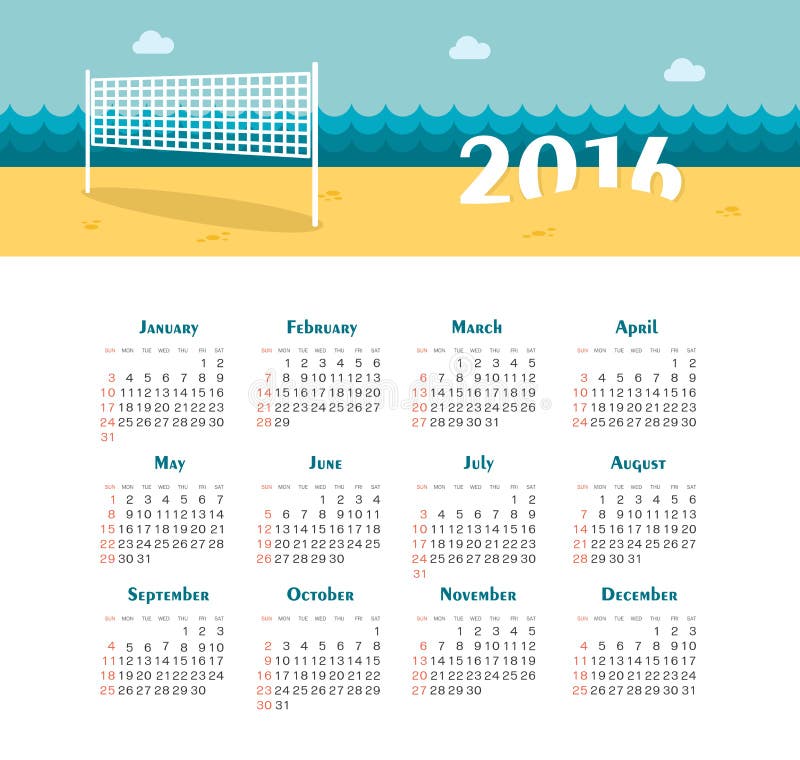 Sea Calendar for 2016. Week Starts Sunday Stock Vector - Illustration ...