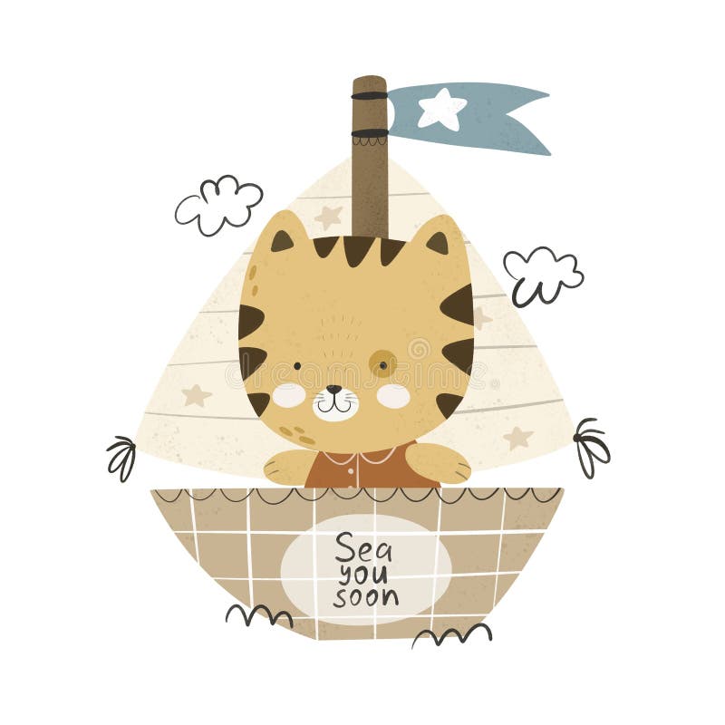 Sea You Soon. Cartoon Cat Sailors, Ship, Decor Elements. Hand Drawing ...