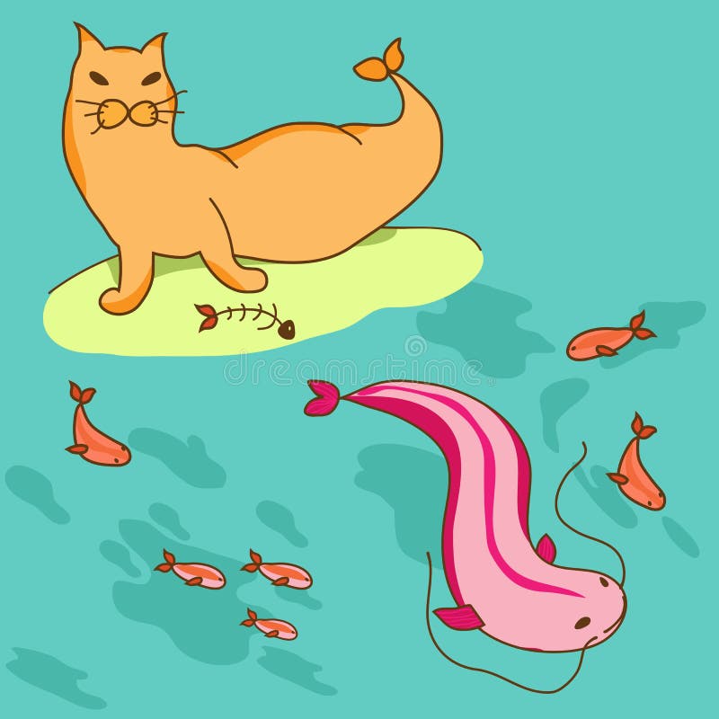 Sea cat and big pink fish stock vector. Illustration of blue - 31199139