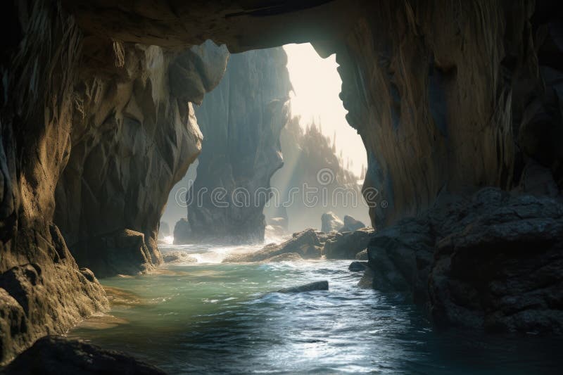Sea Cave with Dramatic Light and Shadow Play Stock Illustration ...