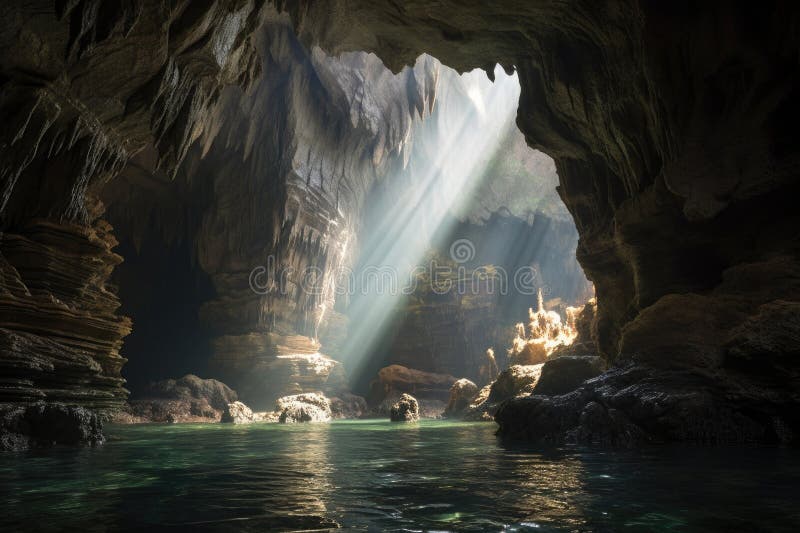 Sea Cave with Dramatic Light and Shadow Play Stock Illustration ...
