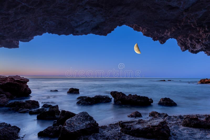 The Sea from a Cave at Night Stock Photo - Image of rocks, landscape ...