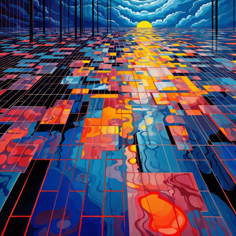 Sea of Colors: Digital Art Sunset with Grid Pattern, Generative Ai Stock Illustration ...