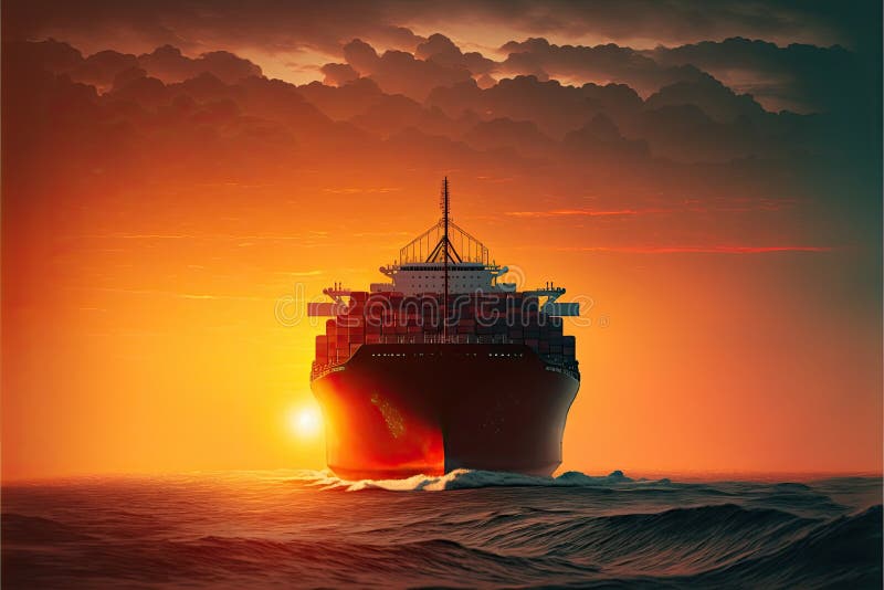 Sea Container Ship with Cargo, Sunset Over the Ocean. Generative AI ...