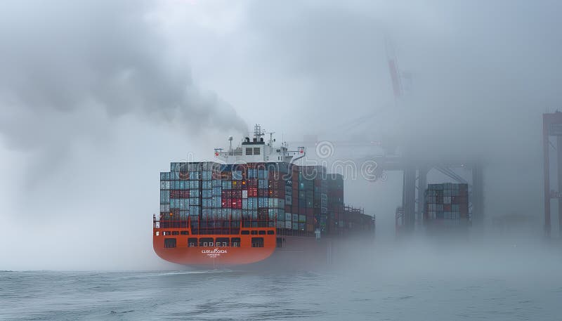 Sea Container Ship in Fog in the Port Stock Illustration - Illustration ...