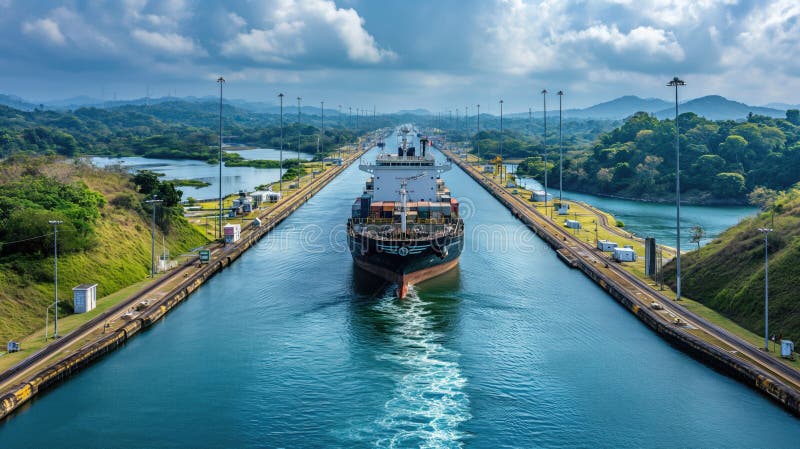 A Sea Container Ship Sails through the Panama Canal Stock Photo - Image ...