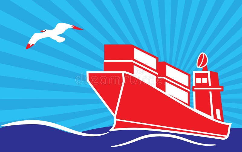 Sea Container Ship and Seagull in the Sky, with Su Stock Vector ...