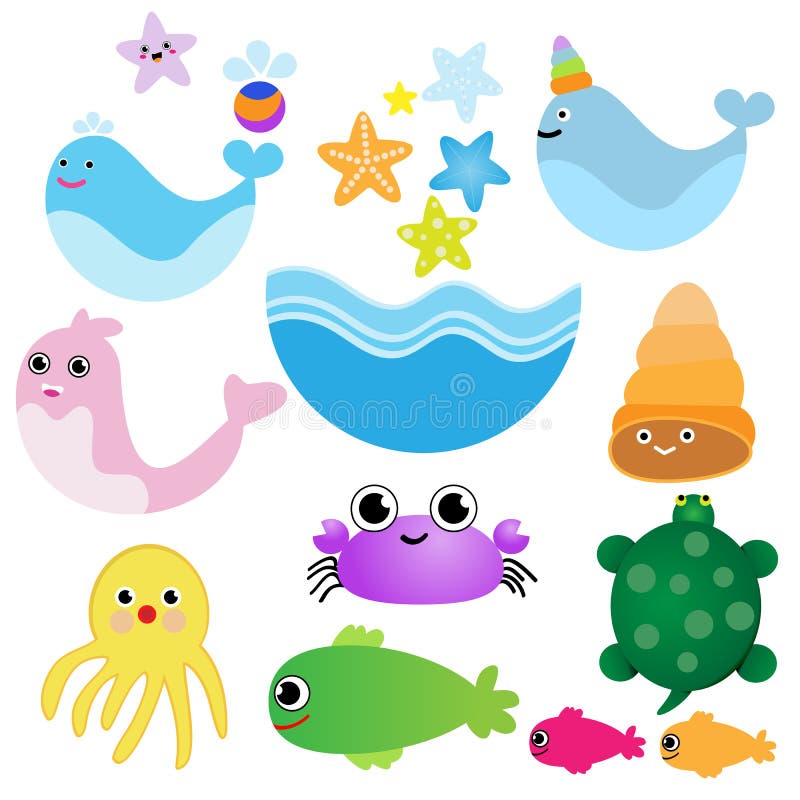 Sea Creatures and Sea Icons Stock Vector - Illustration of design, cute ...