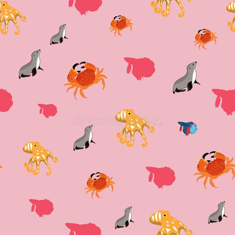 Sea Creatures Vector Repeat Pattern on Pink Background Stock Vector ...