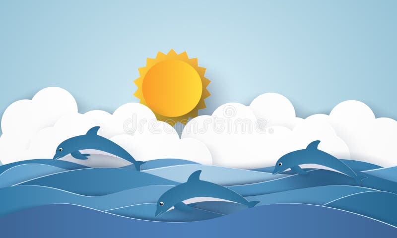 Sea with Dolphins and Sun, Paper Art Style Stock Vector - Illustration ...