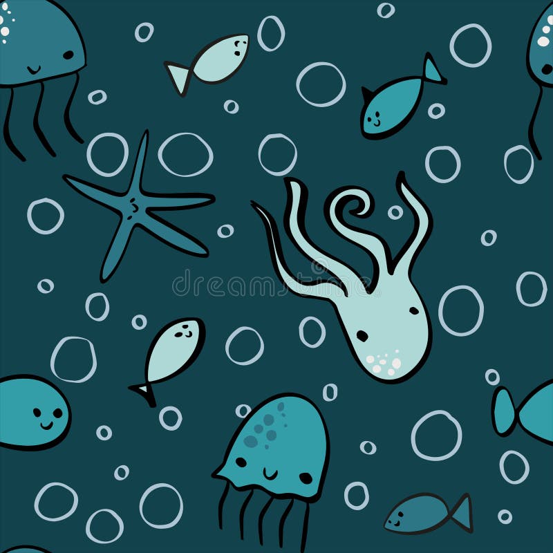 Sea Doodle Children Seamless Pattern Stock Illustration - Illustration ...