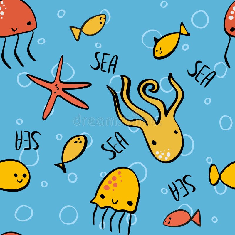 Sea Doodle Children Seamless Pattern Stock Illustration - Illustration ...
