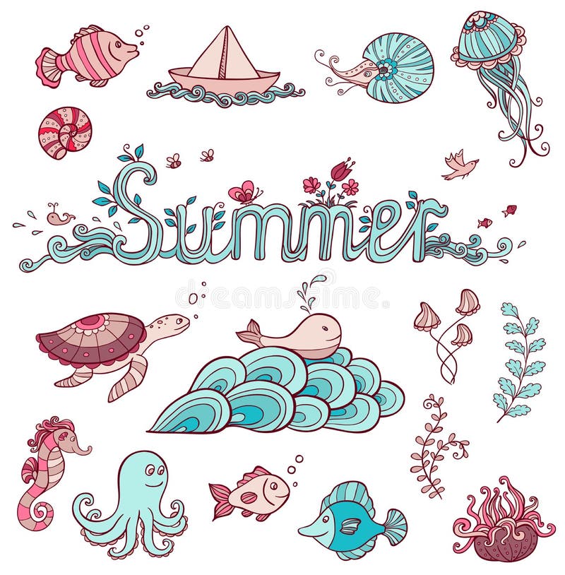 Sea doodle ements stock vector. Illustration of swim - 51453313