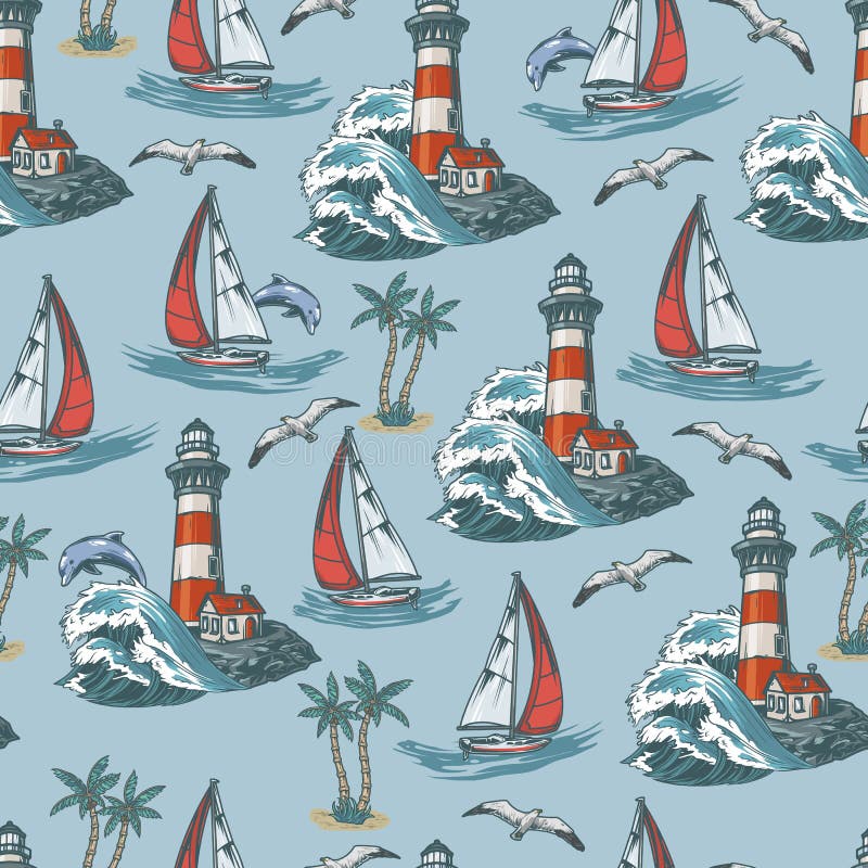 Sea Elements Colorful Seamless Pattern Stock Vector - Illustration of ...