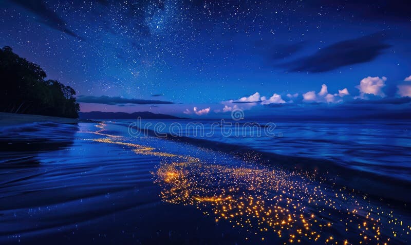 Sea Fireflies Creating a Luminous Trail in the Ocean Stock Photo ...