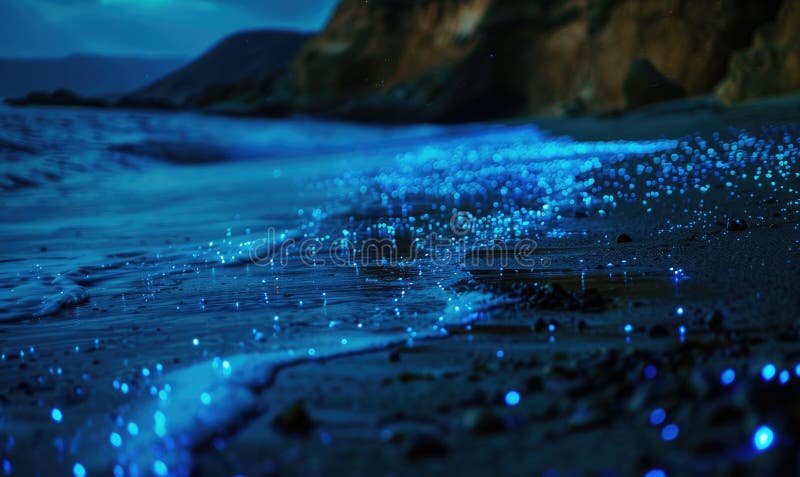 Sea Fireflies Shimmering in the Moonlit Waves Stock Illustration ...