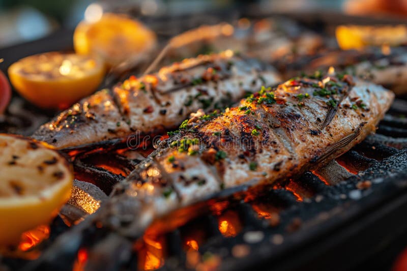 Sea Fish is Cooked on a Fire, Grill Stock Illustration - Illustration ...