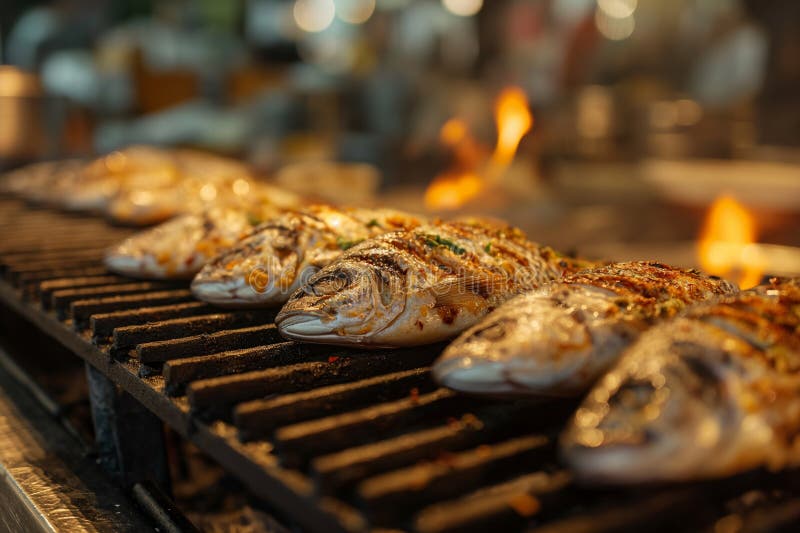 Sea Fish is Cooked on a Fire, Grill Stock Illustration - Illustration ...