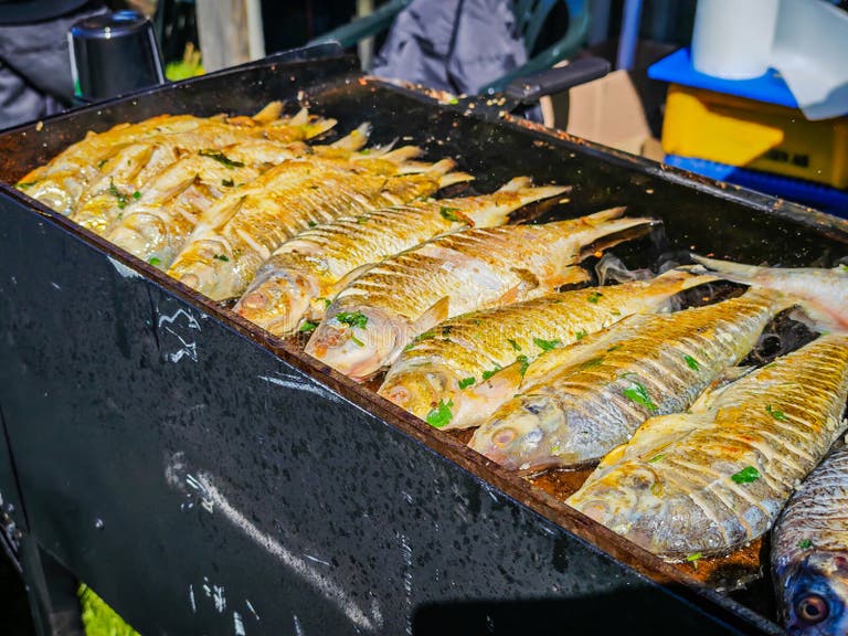 Sea Fish on the Grill. Fresh Vimba Being Grilled Stock Image - Image of fish, topview: 377330953