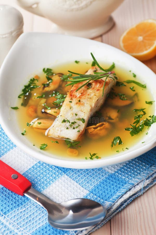 Sea Food Soup with Cod Fish Steak Stock Image - Image of grilled ...