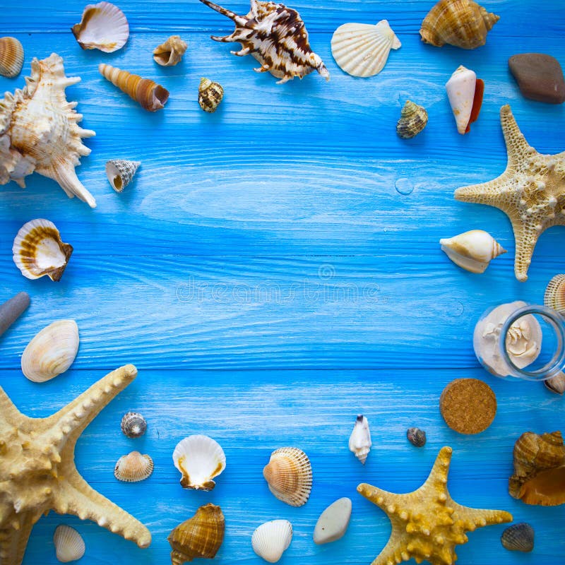 Sea Frame. Different Marine Items on Blue Wooden Background Stock Image ...