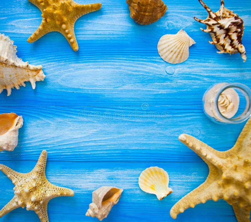Sea Frame. Different Marine Items on Blue Wooden Background Stock Image ...