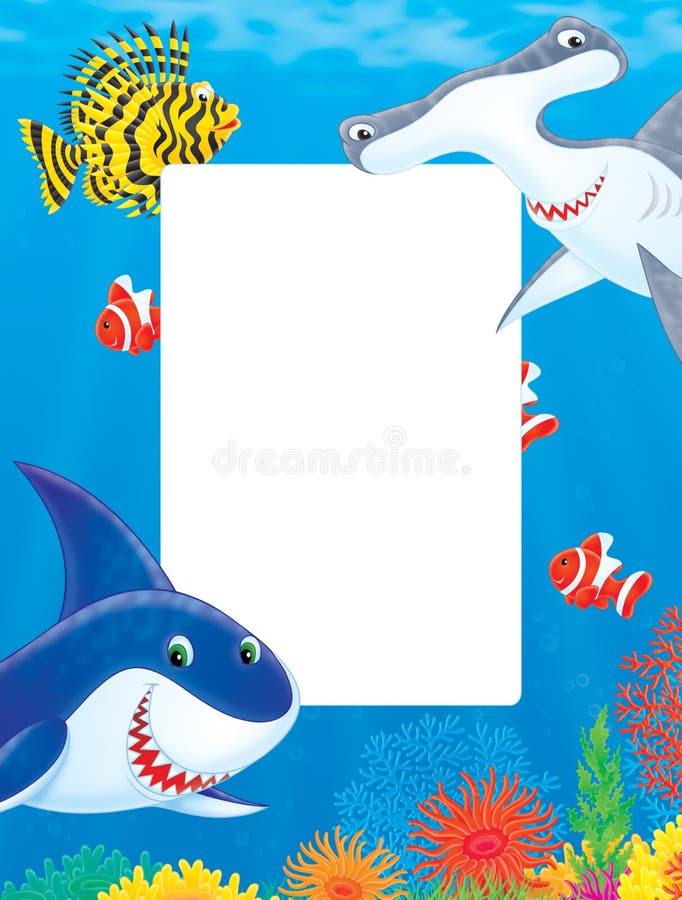 Sea Frame with Sharks and Fishes Stock Illustration - Illustration of ...