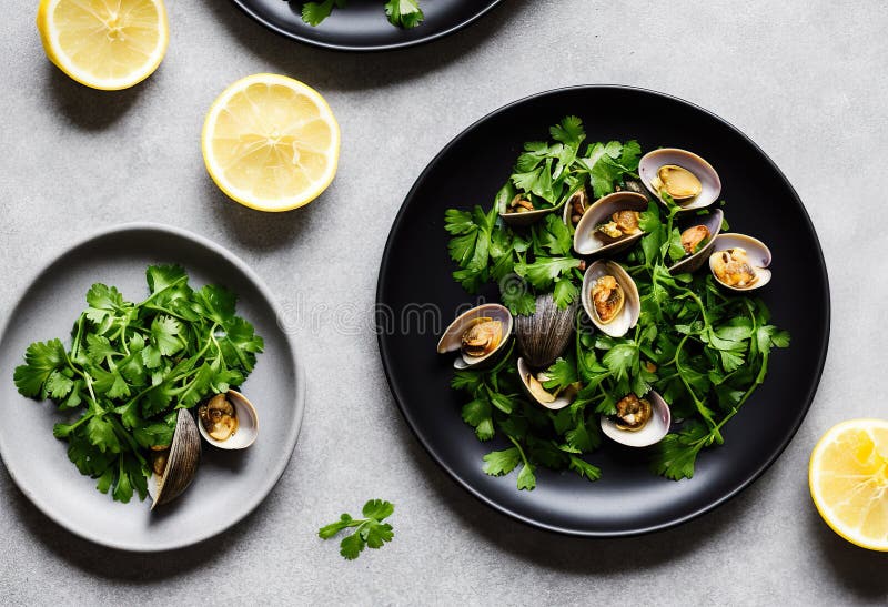 Sea and Garden in One Dish: Clams with Coriander and Lemon Stock Photo ...