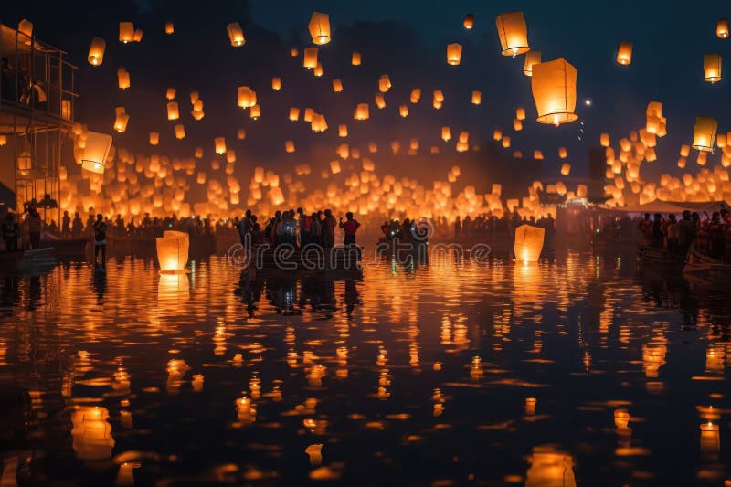 A Sea of Glowing Lanterns: a Stunning Reflection Over Water. Generative ...