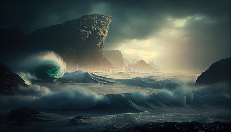 Sea Huge Tropical Strom Soft Mist Everywhere Landscape Background AI ...