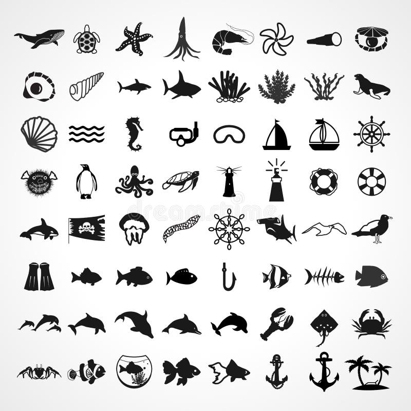 Sea Icon Set with Sea Animals, Diving Mask, Anchor Stock Vector ...
