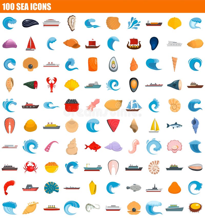 100 Sea Icon Set, Flat Style Stock Illustration - Illustration of party ...