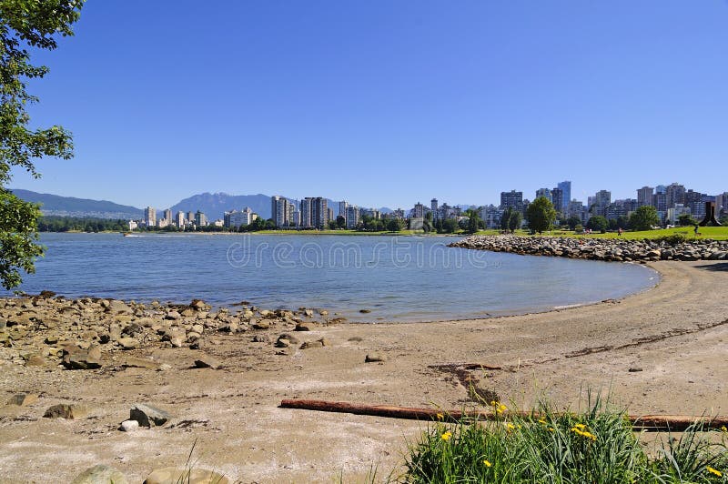 Sea Inlet Beach with City Highrises Stock Photo - Image of seawall ...