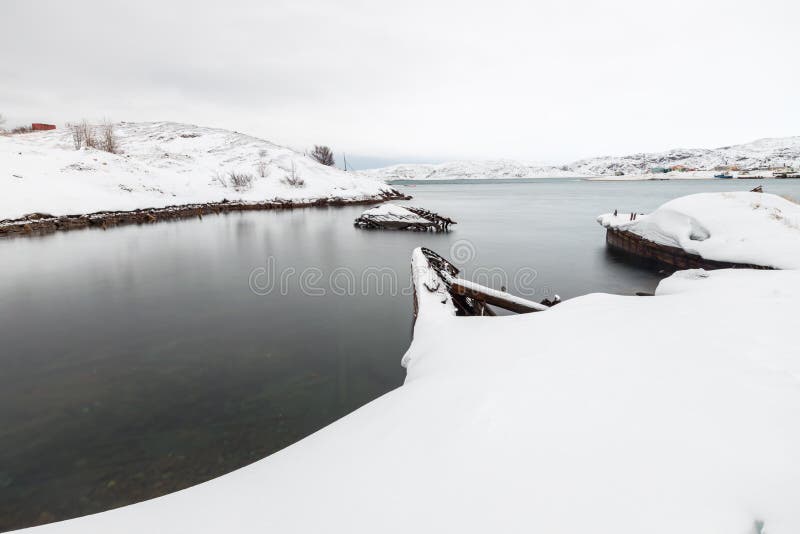 Sea or Lake on Wintertime. Snow on the Beach Stock Image - Image of ...