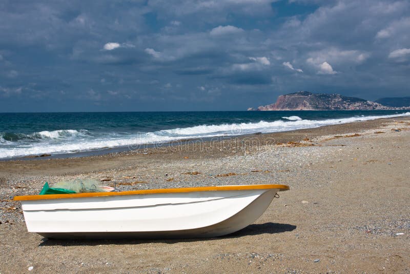 Sea landscape with boat. stock photo. Image of green - 20101514