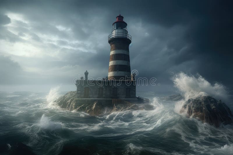 Sea Landscape with Stormy Waves and Lighthouse. Navigation for Ships ...